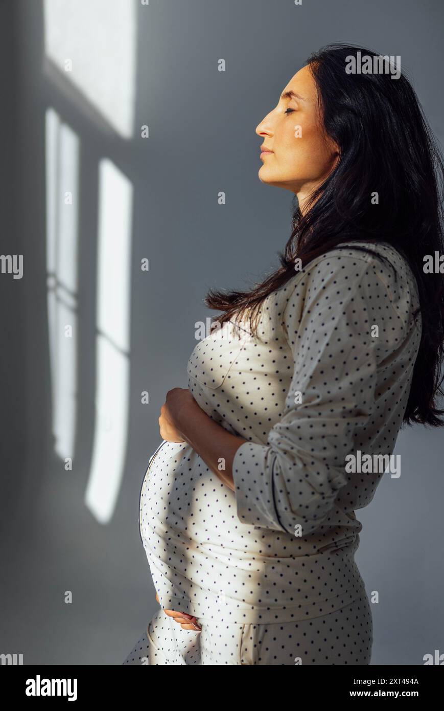 Pregnant woman stands in profile near window in dotted dress. Charming ...