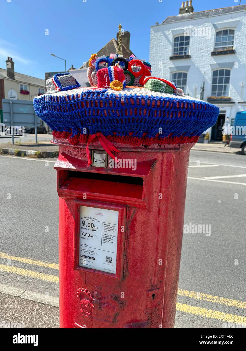 Knitted top with flags, Eiffel Tower on top of post box Deal Kent Stock ...