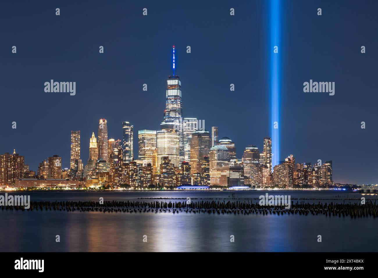 September 11 Tribute in Light at night with the World Trade Center ...