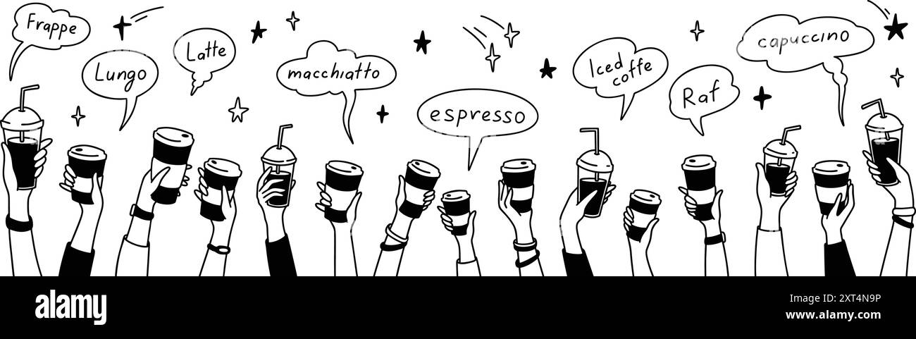 Doodle hands up with coffee. Crowd of people, men and children holding ...