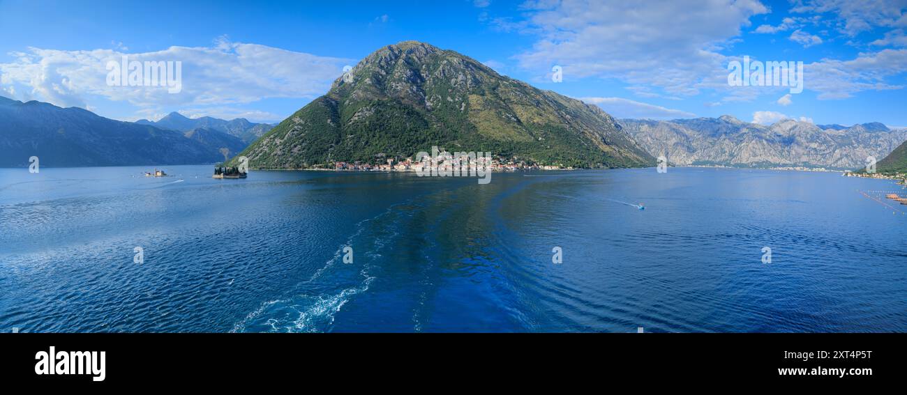 Panoramic view of Kotor Bay in Montenegro. In the center is the town of ...