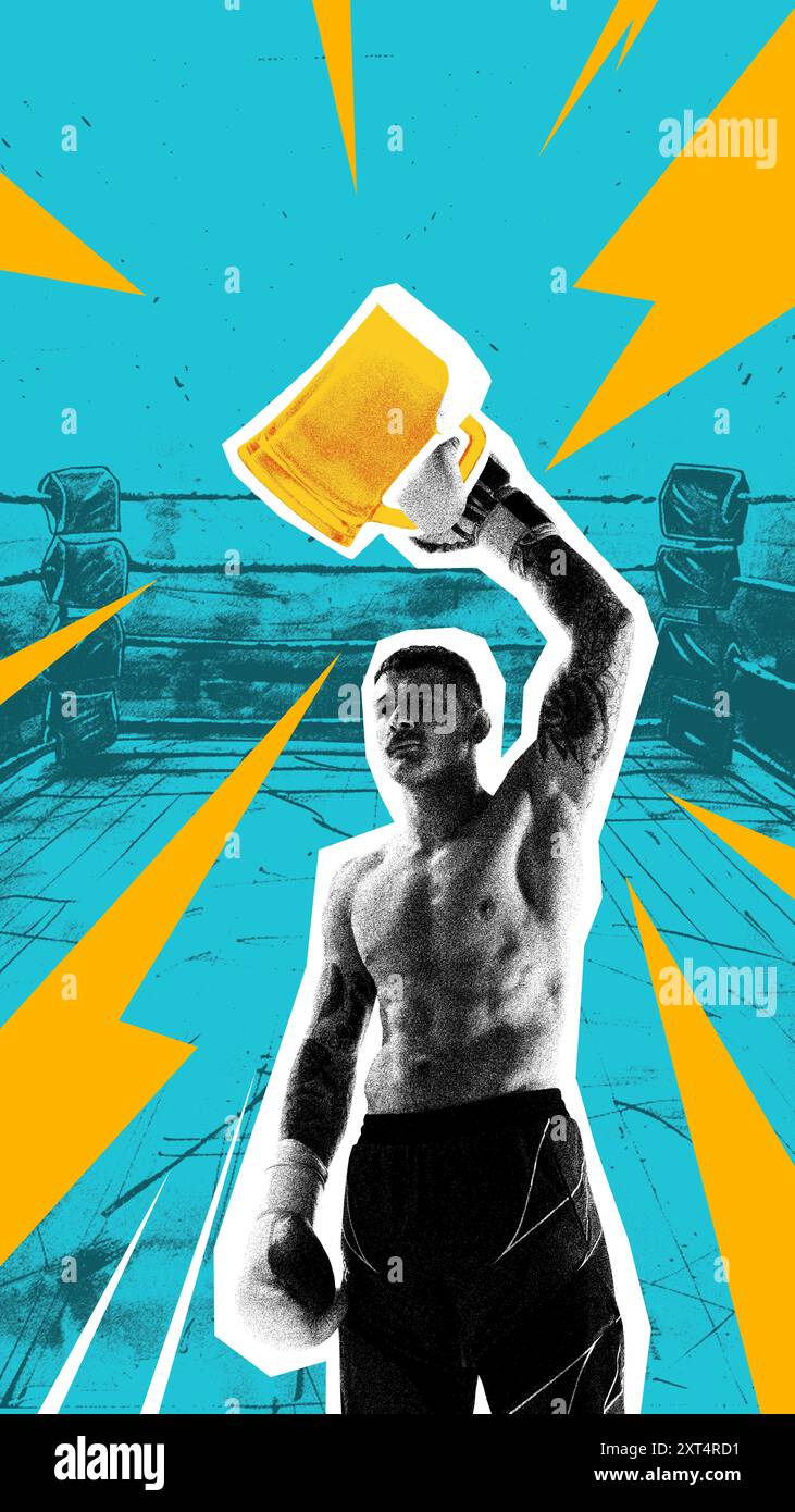 Champion. Muscular boxing athlete raising hand upwards with beer mug ...