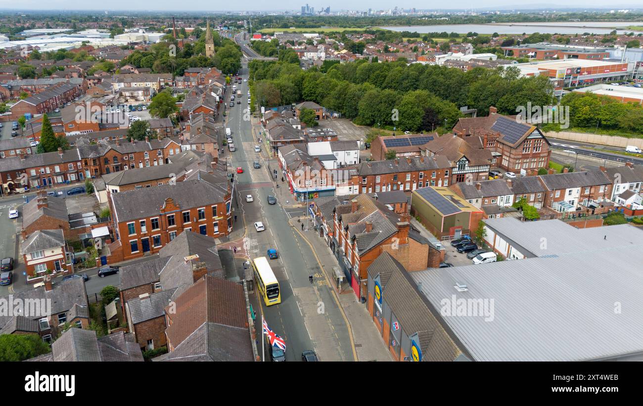 Aerial, Denton, Tameside, The main high street Manchester Road Stock Photo - Alamy
