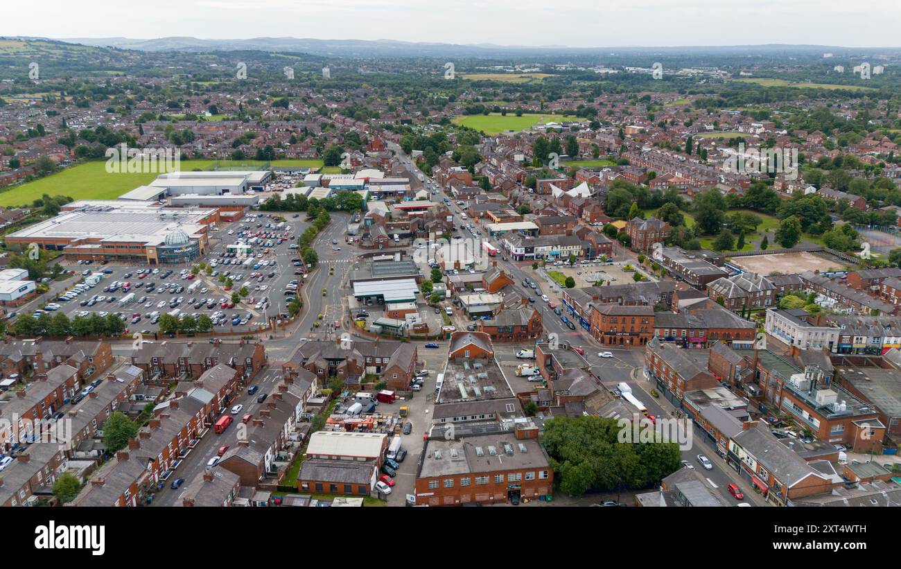 Aerial, Denton, Tameside, the main shopping area and Morrisons ...