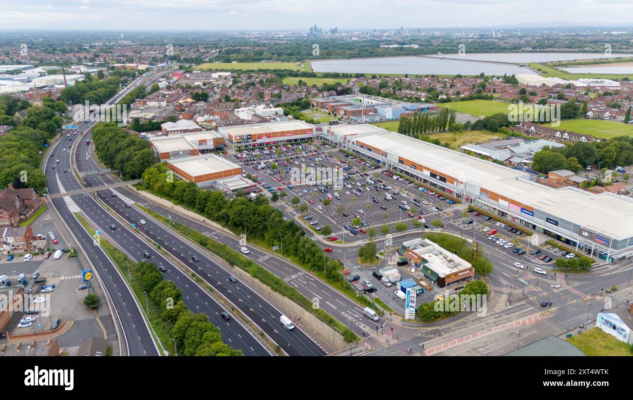 Aerial, Denton, Tameside, M67 motorway and Crown Point retail park ...