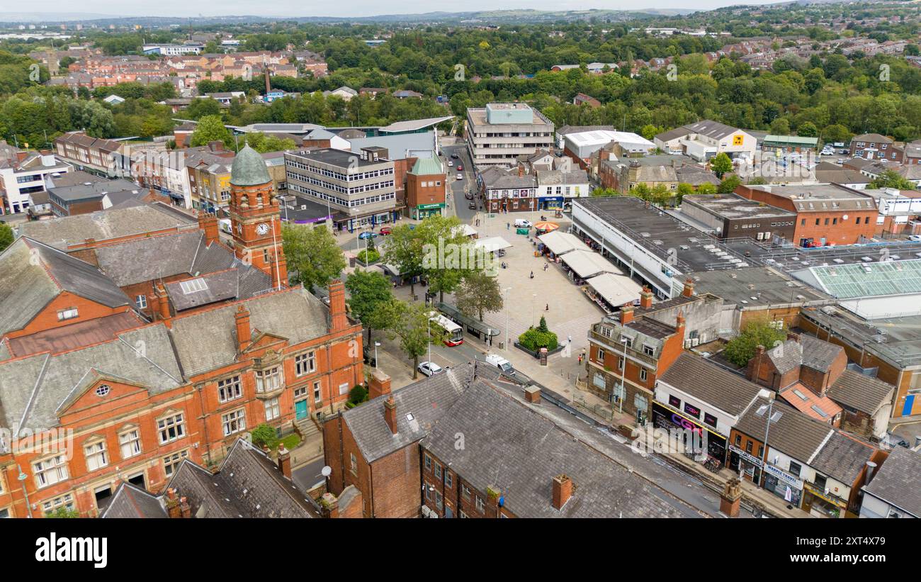 Aerial, Hyde, Tameside, Hyde town centre and the landmark town hall ...