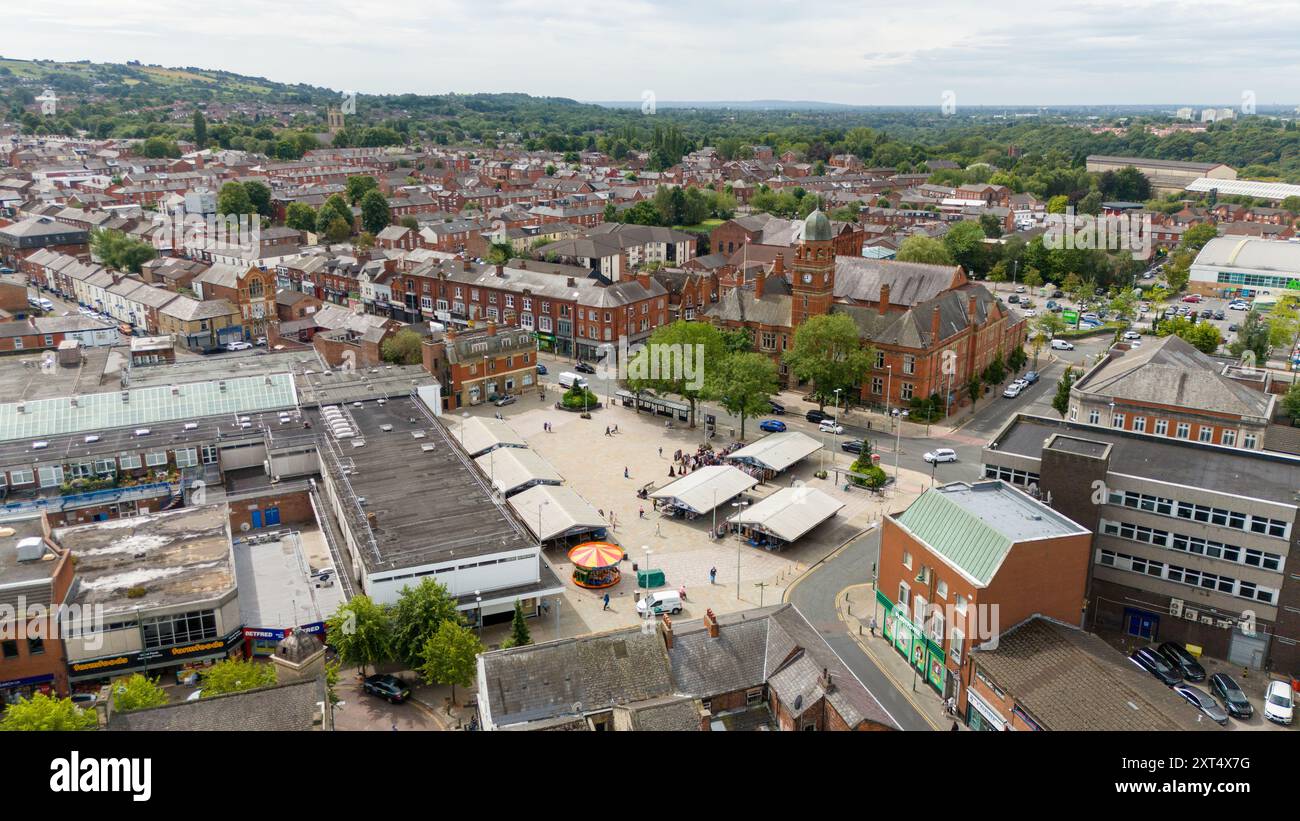 Aerial, Hyde, Tameside, Hyde town centre and the landmark town hall ...