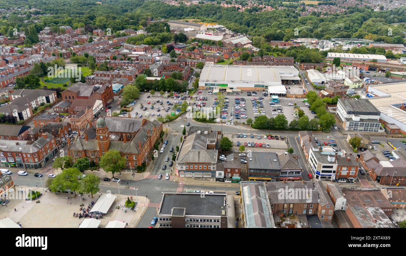 Aerial, Hyde, Tameside, Hyde town centre and the landmark town hall ...