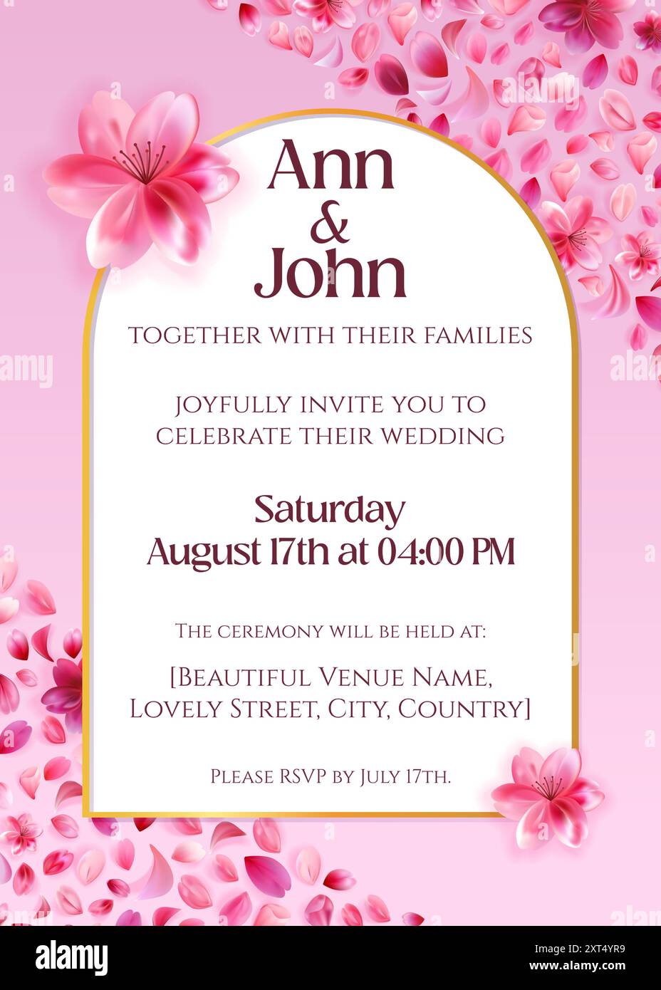 Elegant wedding invitation with pink floral arch design Stock Vector ...