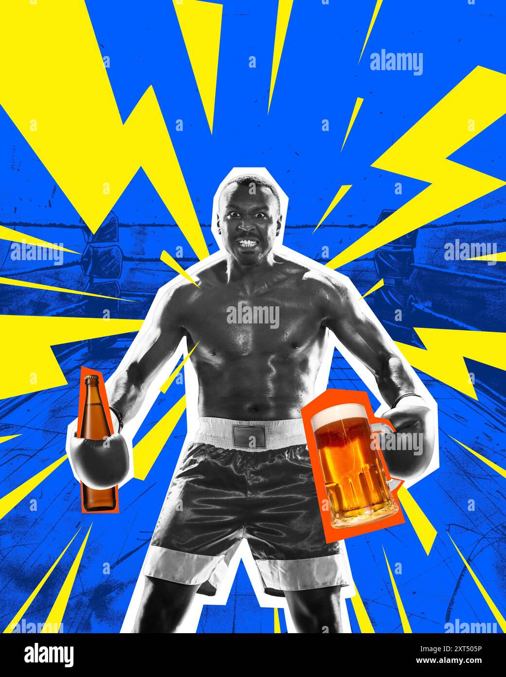 Powerful emotive muscular man, boxing athlete holding lager beer bottle ...