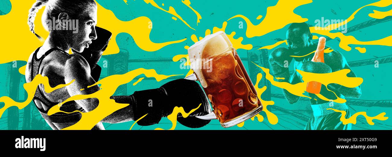 Mam and woman, boxing players fighting with giant lager foamy beer ...