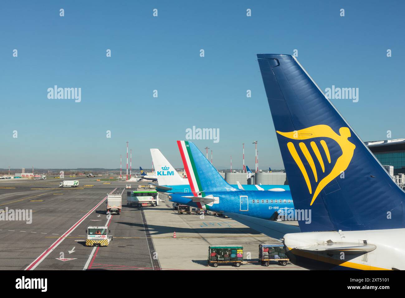 Rome, Italy - January 13, 2024: Ryan Air, Ita Airways and Klm aircrafts ...
