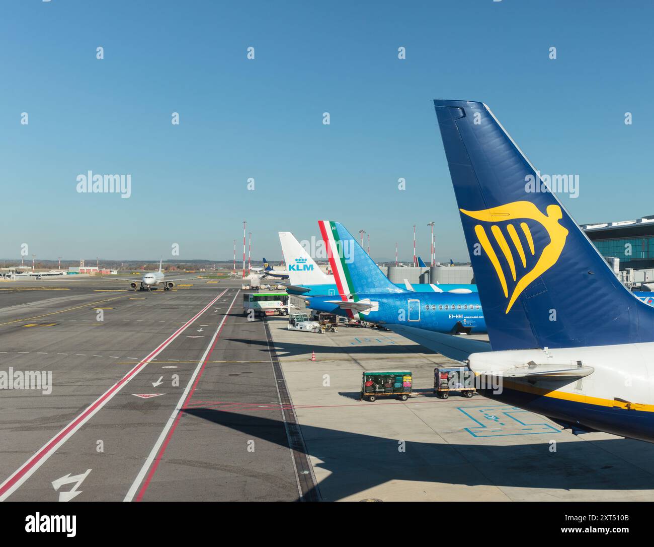 Rome, Italy - January 13, 2024: Ryan Air, Ita Airways and Klm aircrafts ...