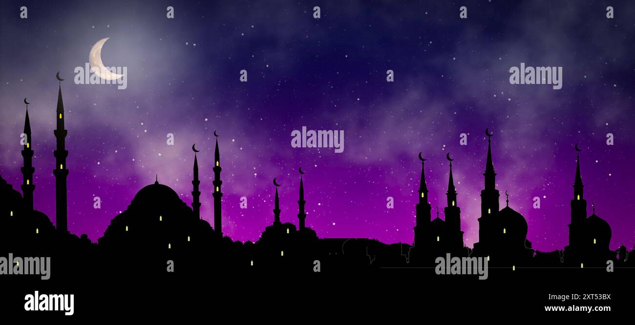 Islamic night with mosque and moon background. Muslim Ramadan and ...