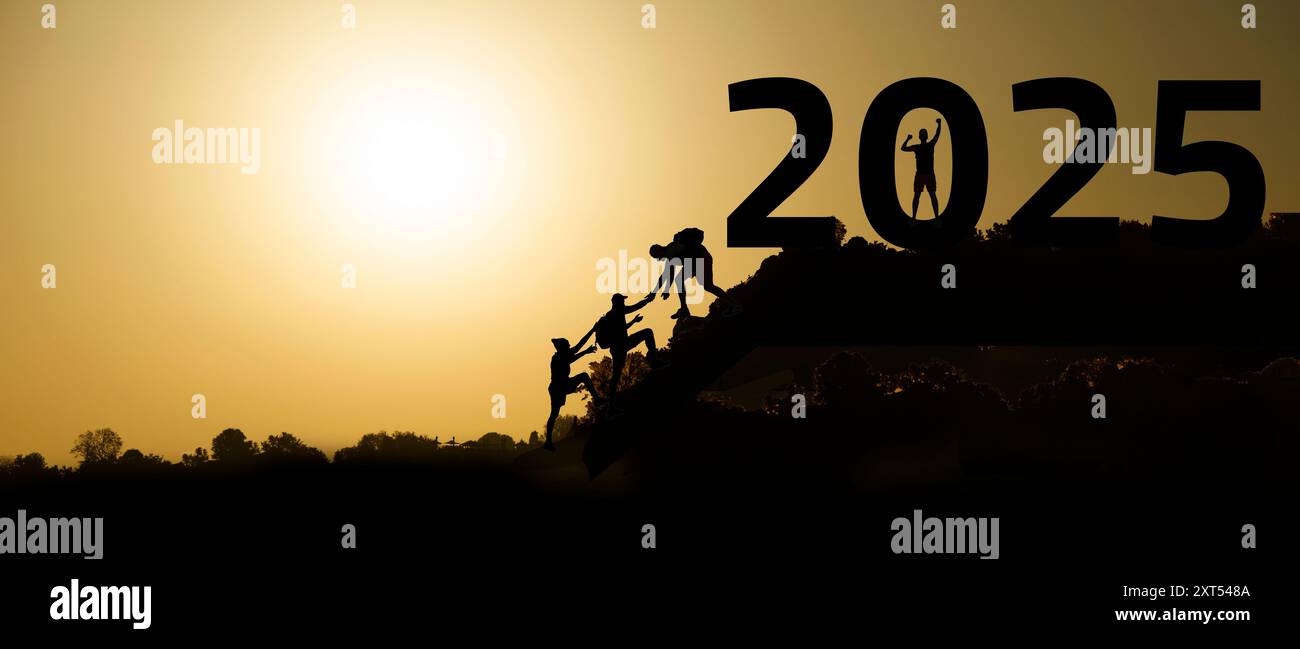 2025 year concept. Silhouettes of active people in nature against the ...