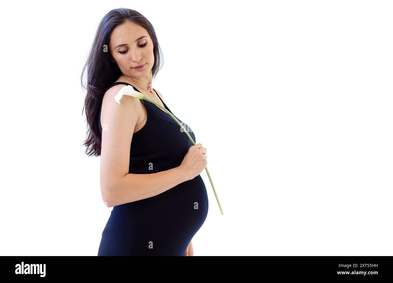 Portrait of an attractive young pregnant woman in a black dress with a ...