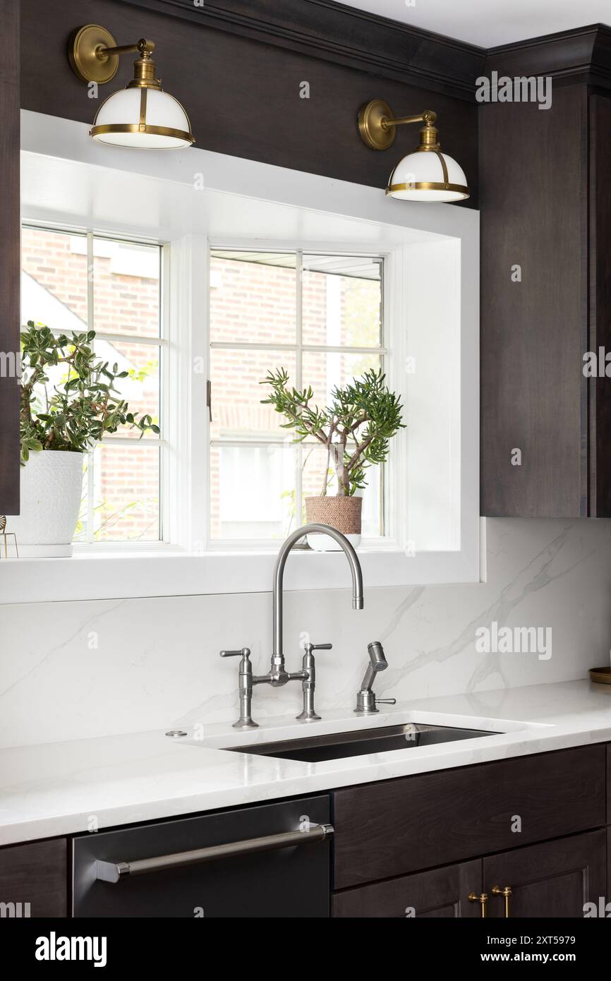 A kitchen faucet detail in a cozy kitchen with a stainless faucet ...
