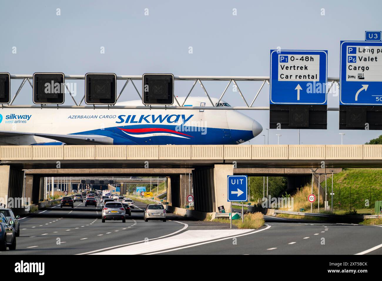 Amsterdam Schiphol Airport, Silk Way West Airlines, Boeing 747-4R7F cargo plane on the taxiway ...