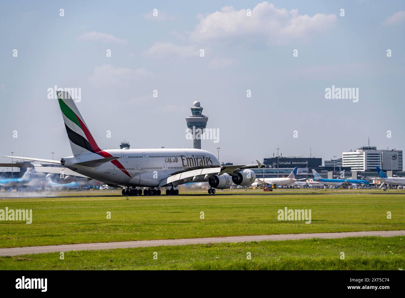 Emirates Airbus A380 aircraft landing at Amsterdam Schiphol Airport ...