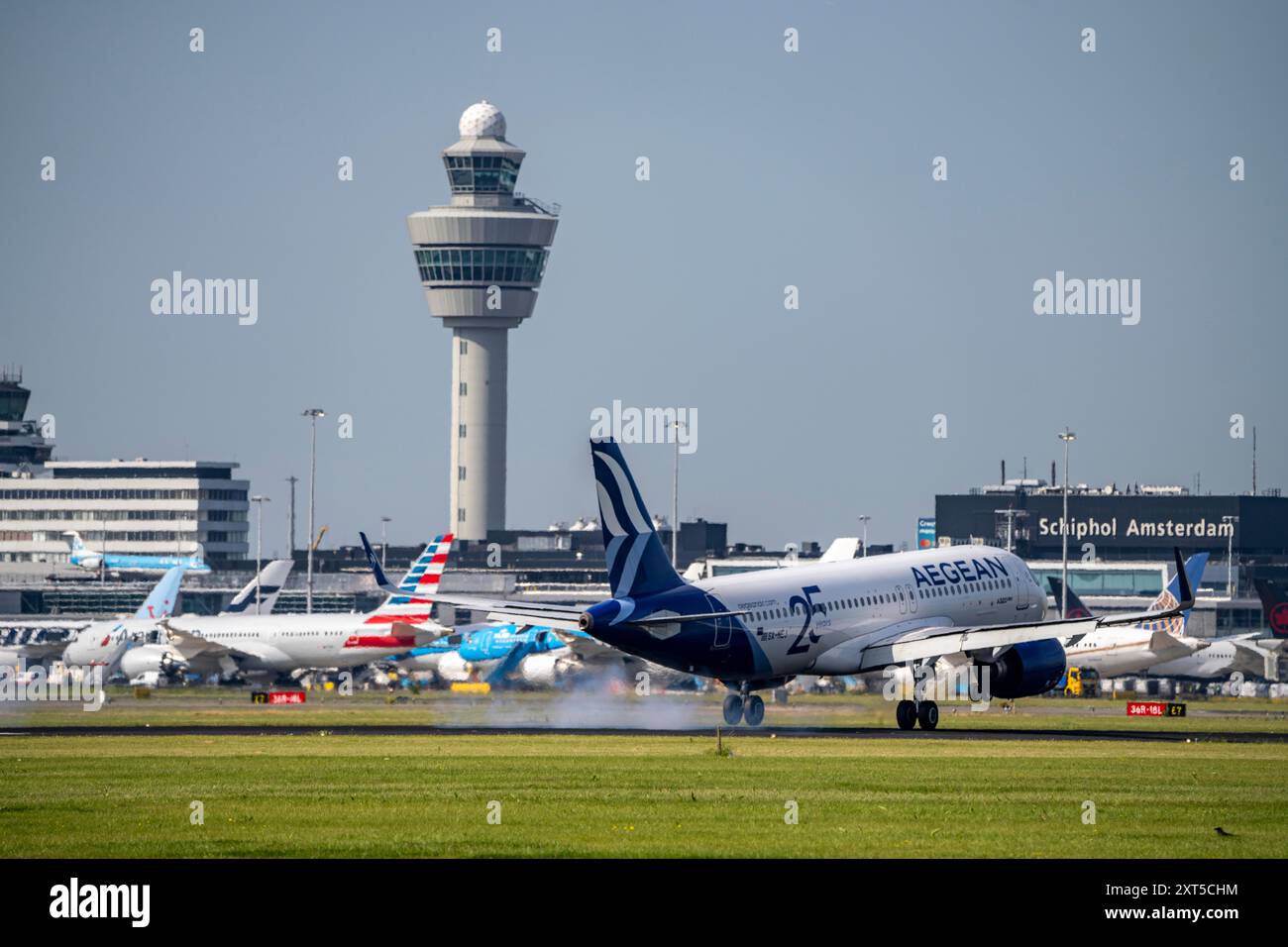 Aegean Airbus A320-271N, aircraft landing at Amsterdam Schiphol Airport ...