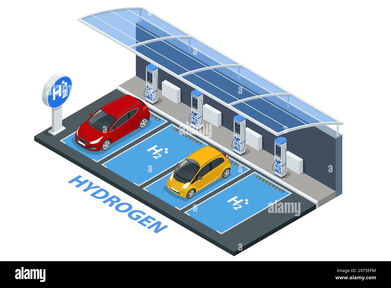 Isometric Hydrogen fuel car charging station with two dispensers for H2 vehicles. Hydrogen ...