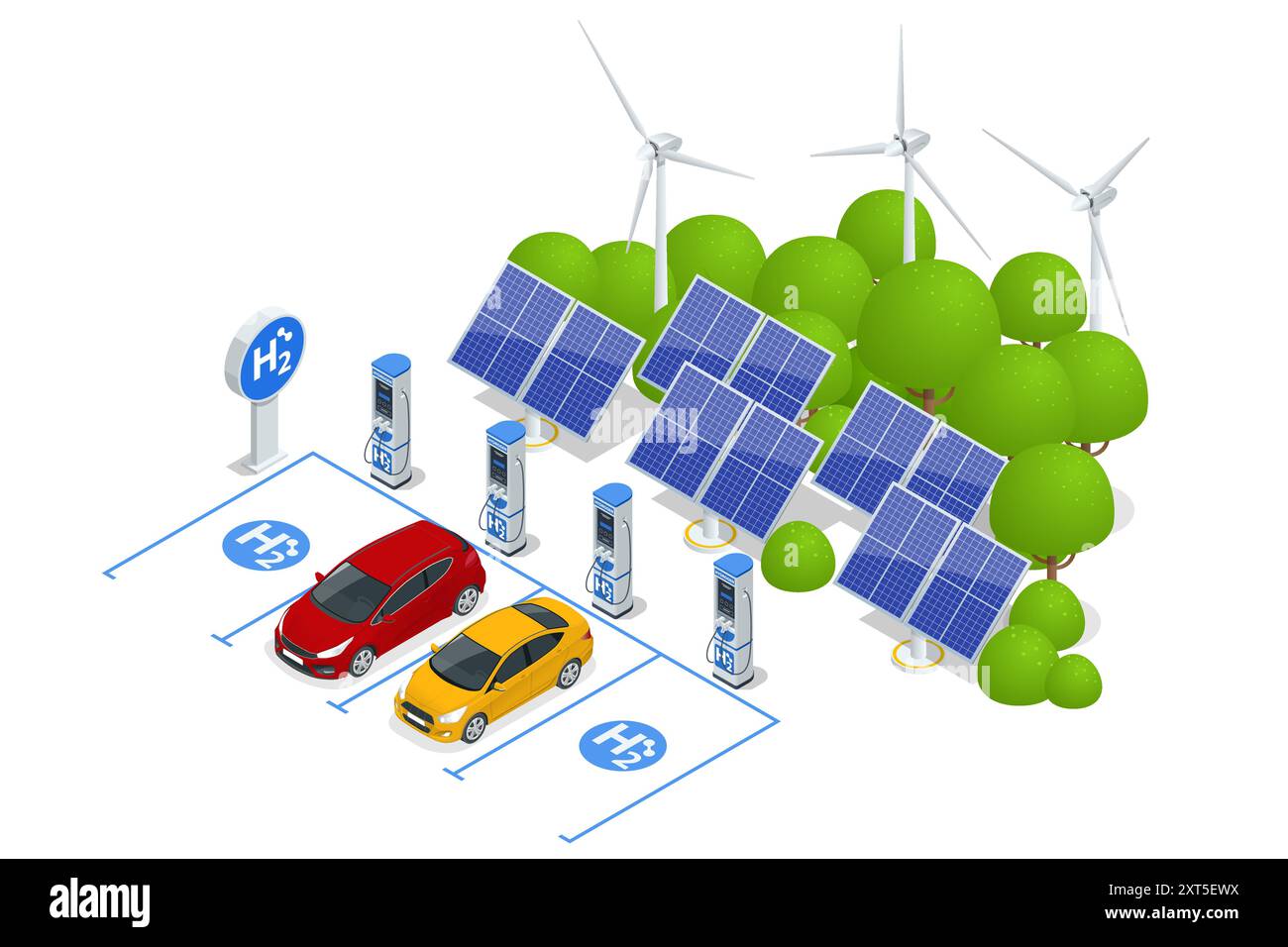 Isometric Hydrogen fuel car charging station with two dispensers for H2 vehicles. Hydrogen ...