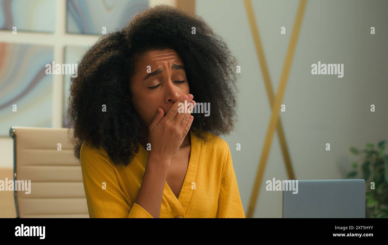 Tired exhausted businesswoman African American ethnic woman overworked ...