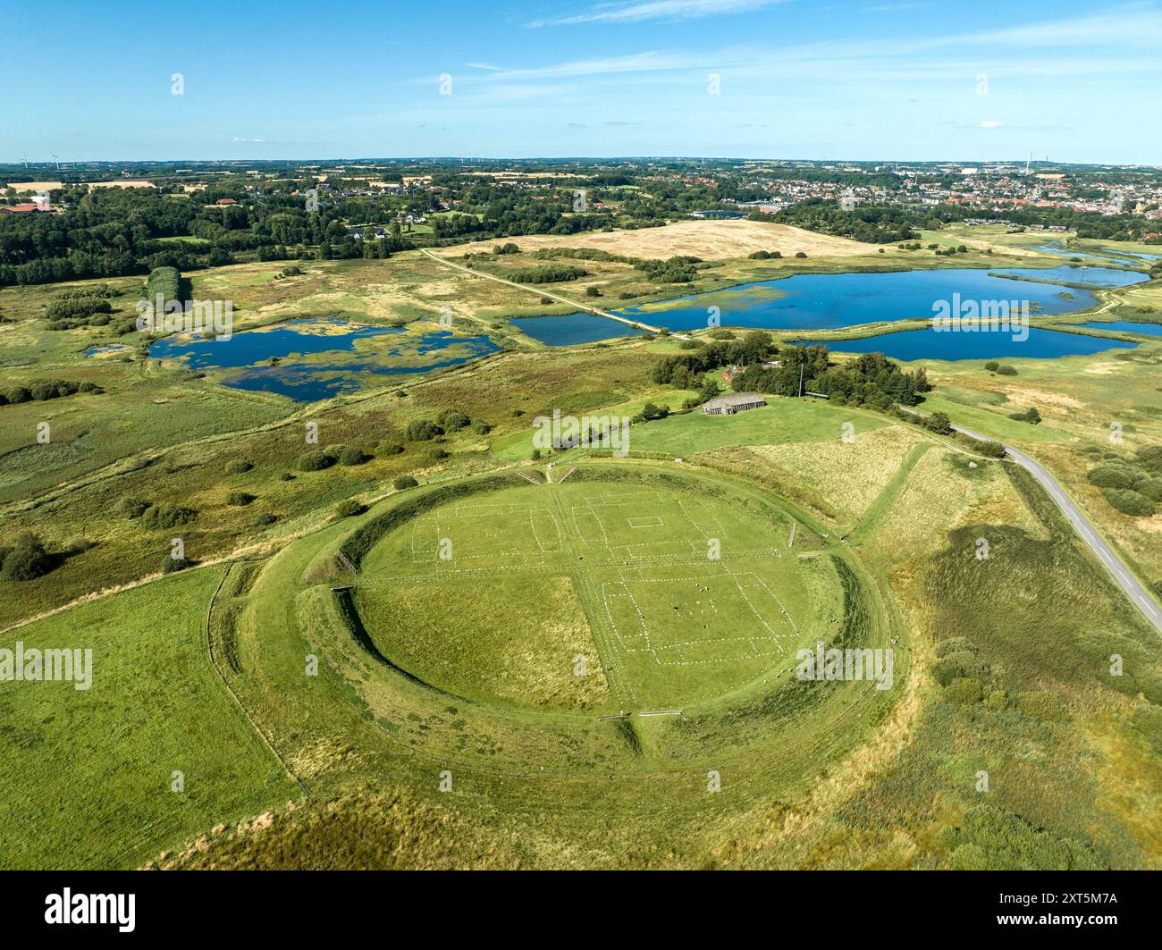 Aerial view of the Viking ring fortress at Fyrkat, near Hobro, Denmark ...