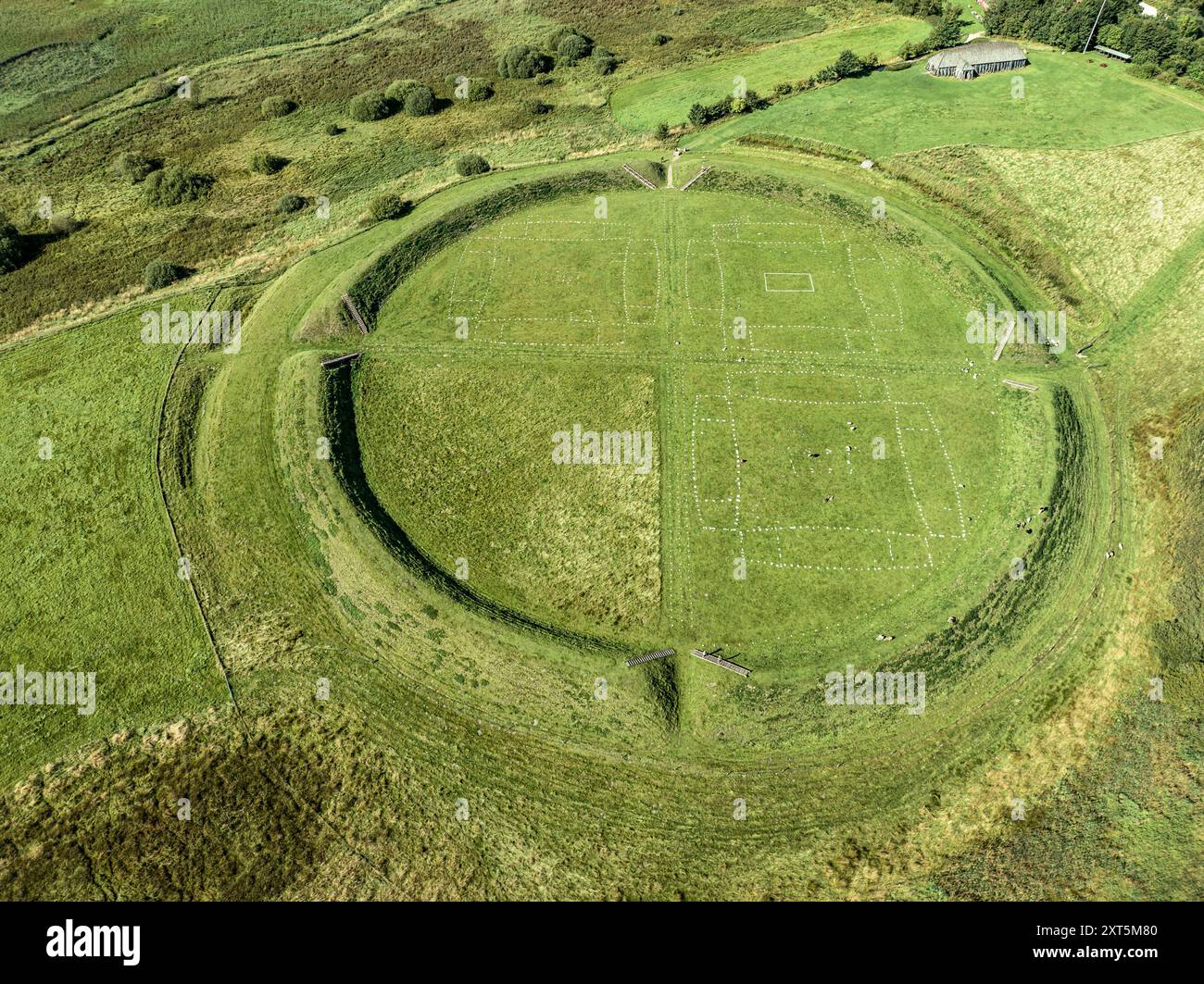 Aerial view of the Viking ring fortress at Fyrkat, near Hobro, Denmark ...