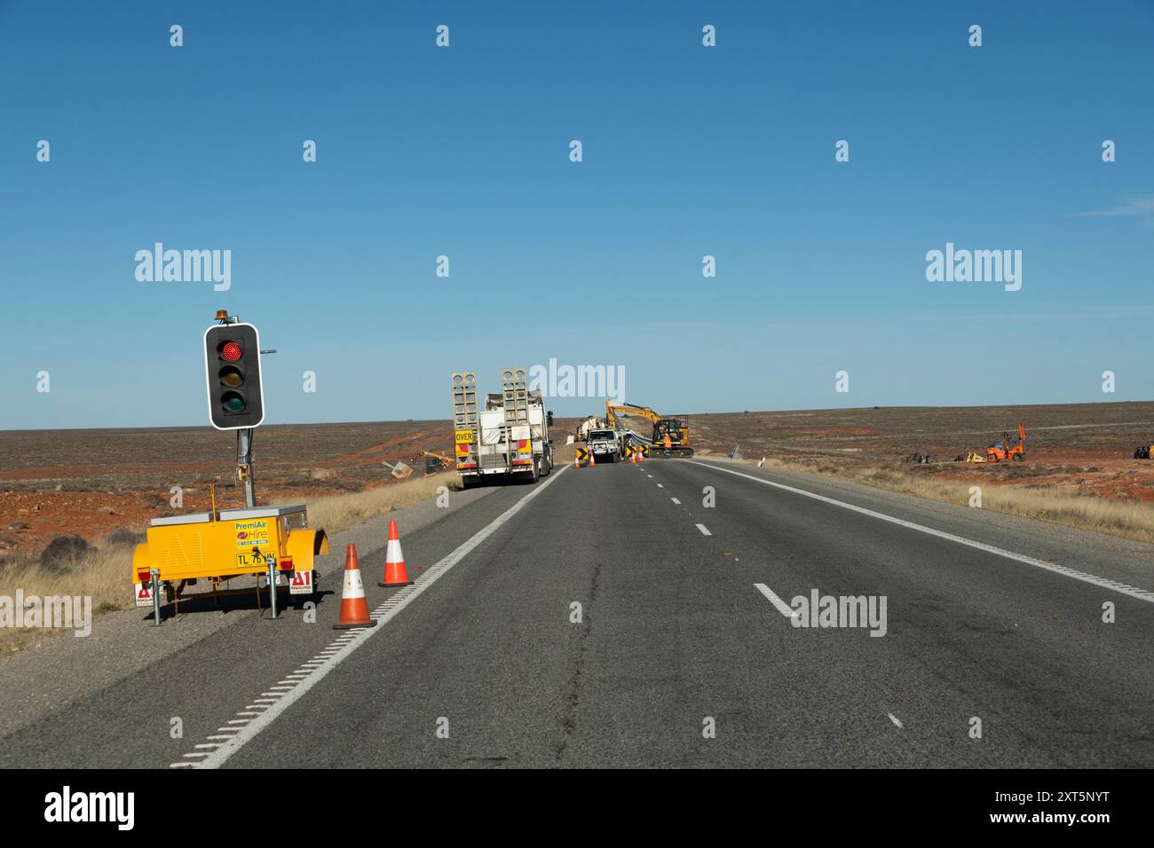 Roadworks reparing part of the Stuart Highway in outback South ...