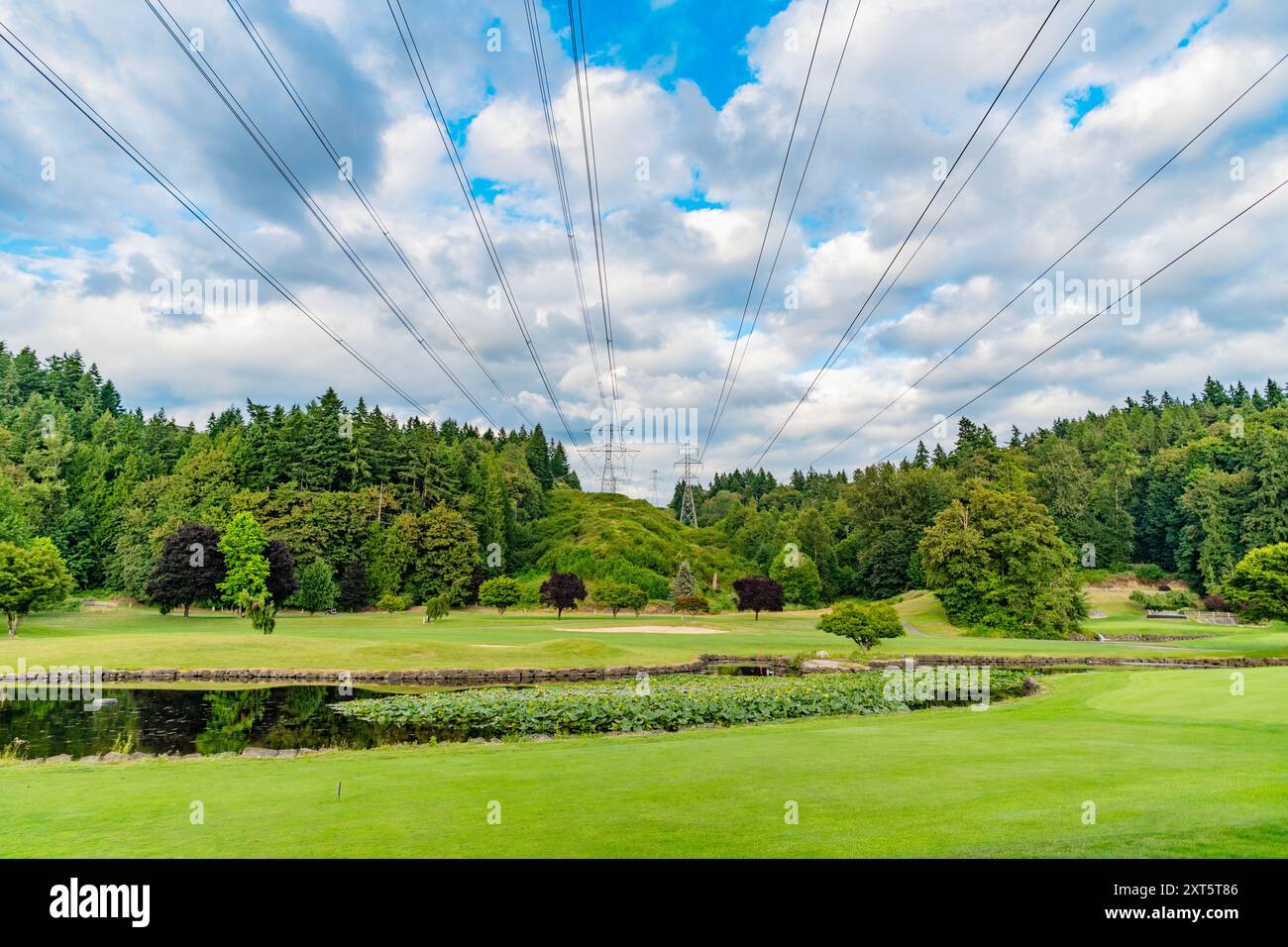 Landscape of electric voltage station. High voltage. Electricity pylon ...