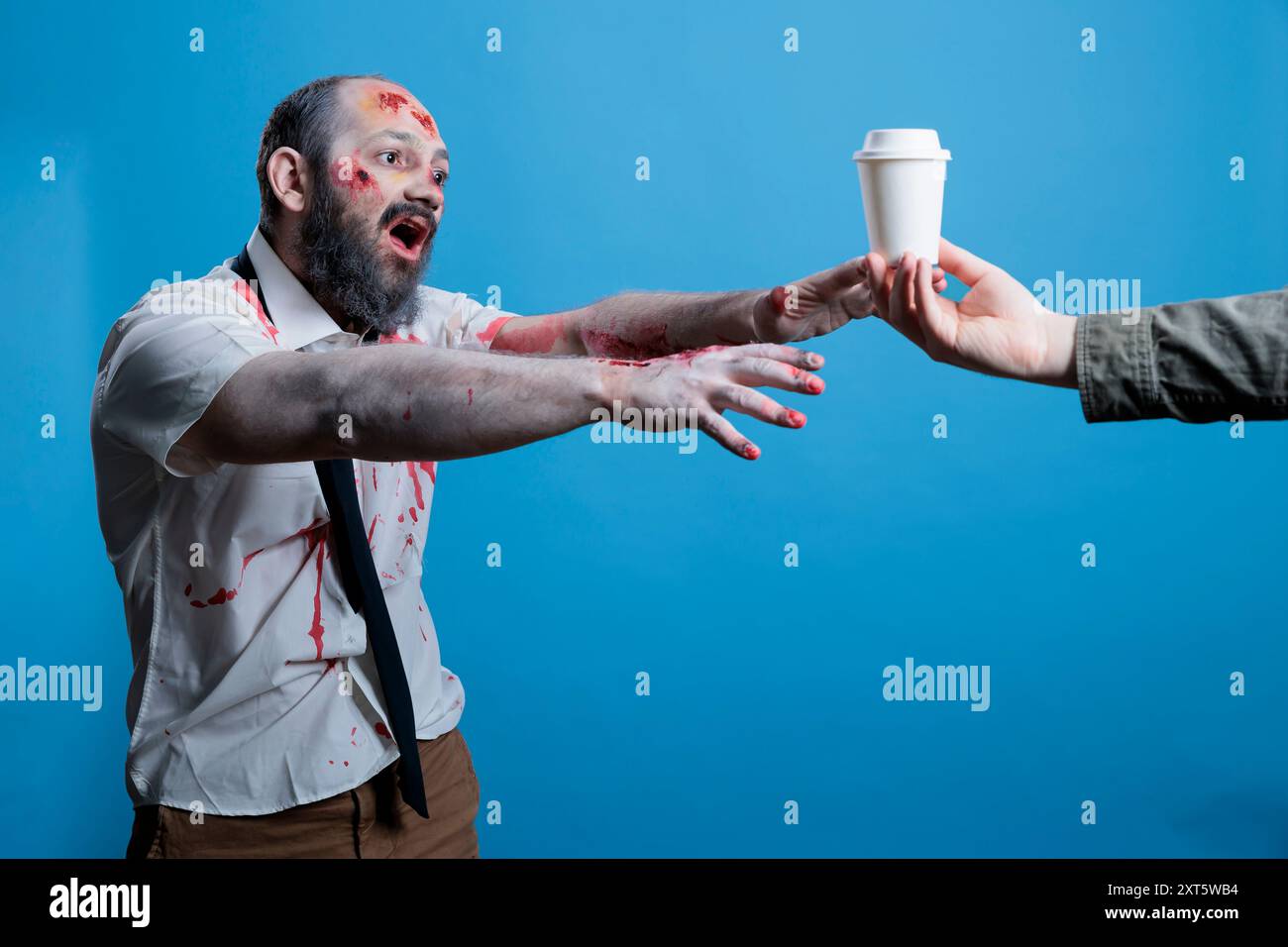 Exhausted delirious man looking like zombie, fueled by coffee, needing ...