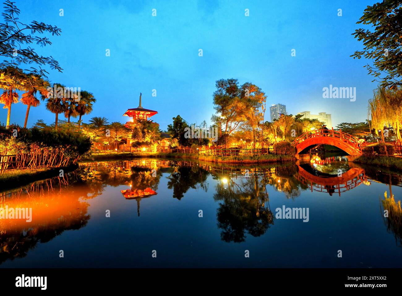 A view of the blue hour taken from the outside area of Japanese Forest ...