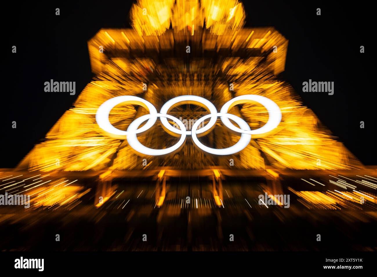 Paris, France. 13 August 2024. The Eiffel Tower, featuring large ...