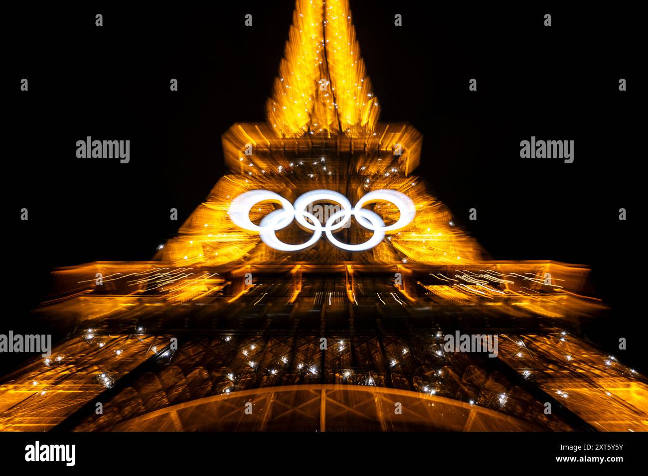 Paris, France. 13 August 2024. The Eiffel Tower, featuring large ...