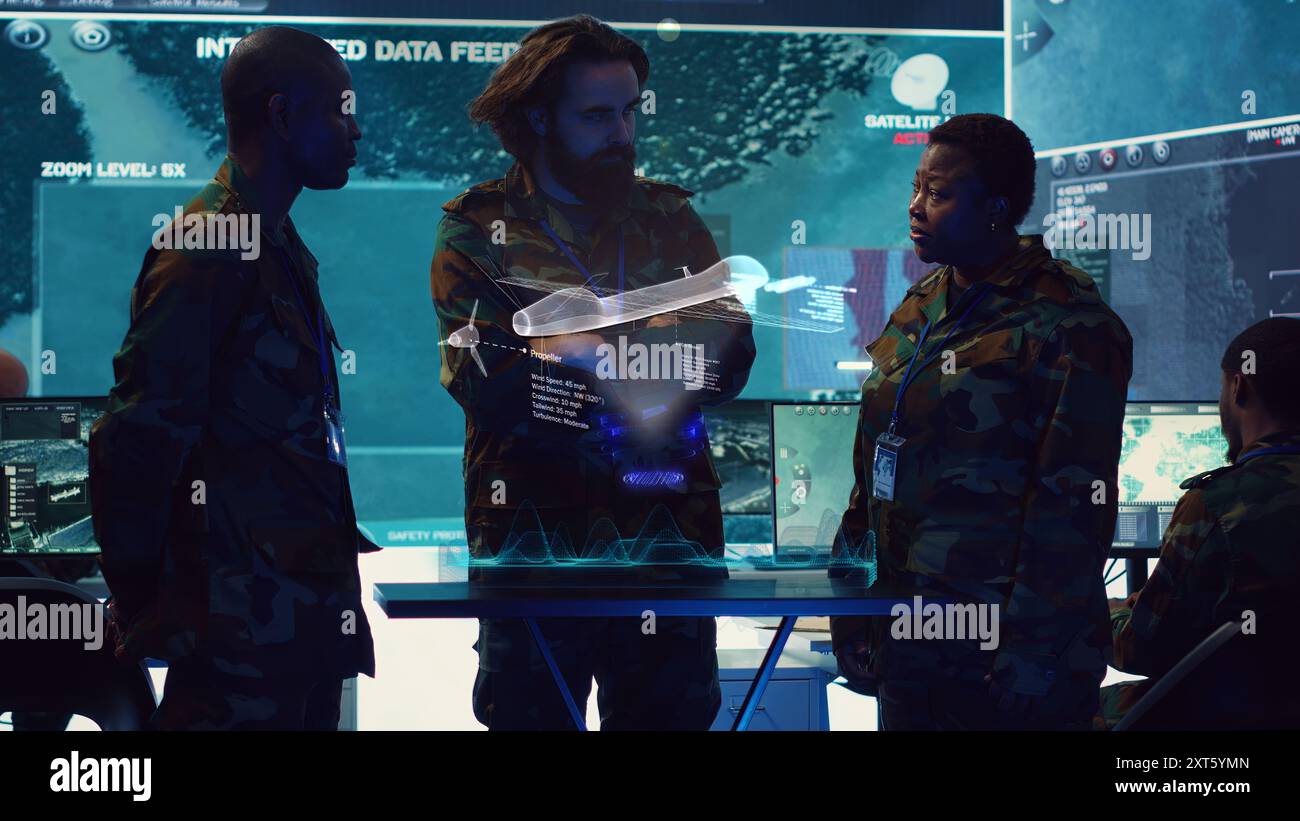 Air defense operators evaluating incoming enemy aerial attacks using ...