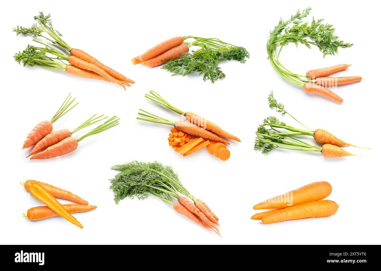 Collage of fresh carrots on white background Stock Photo - Alamy
