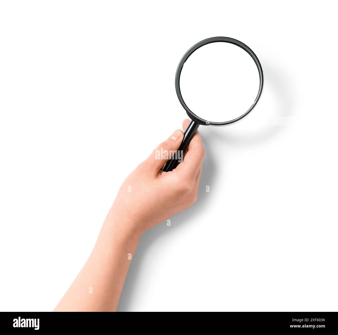 Female hand with magnifier isolated on white background Stock Photo - Alamy