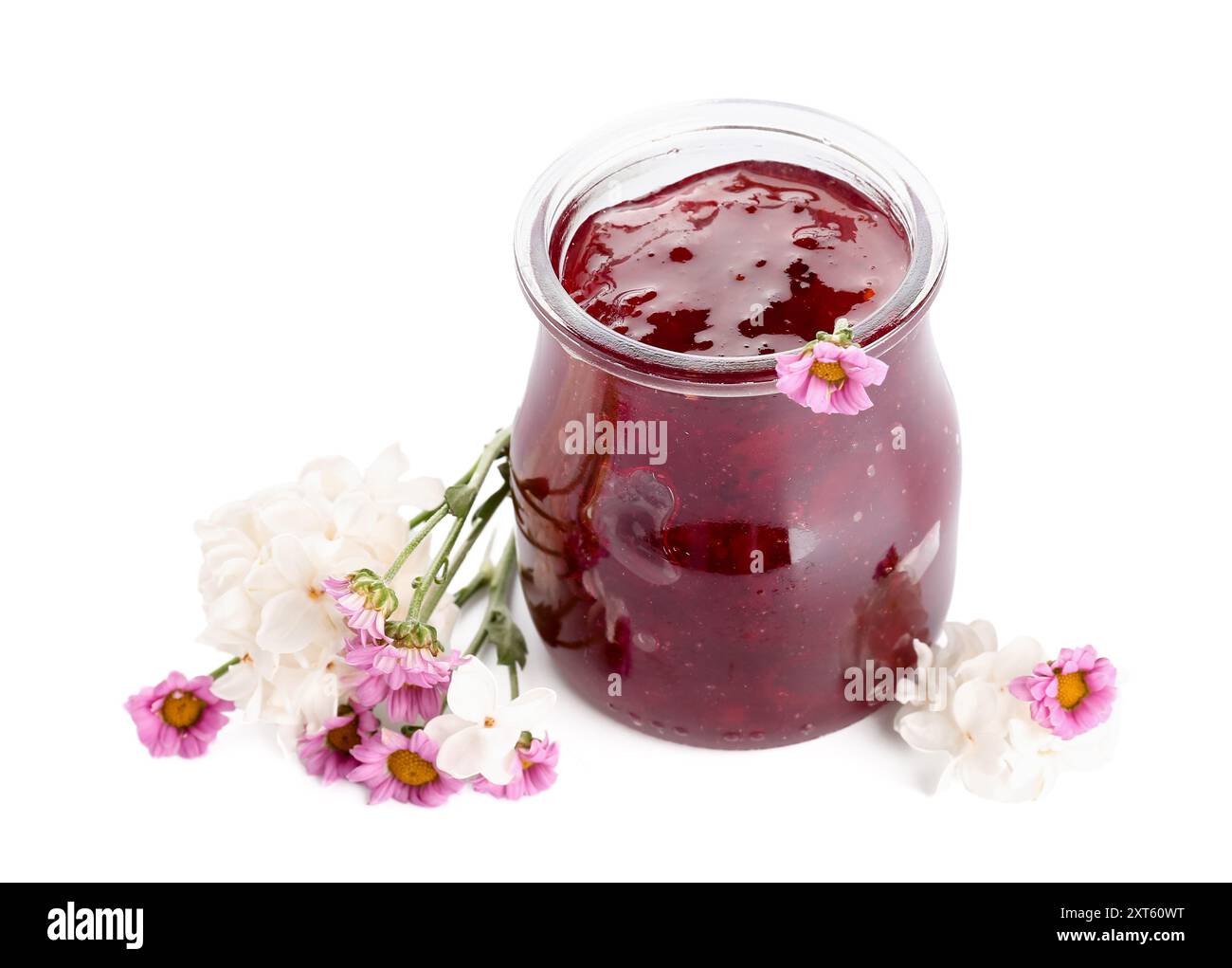 Jar of sweet jam with flowers isolated on white background Stock Photo ...