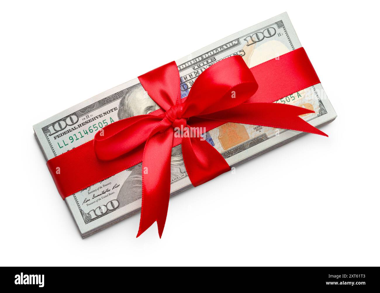 Stack of One Hundred Dollard Bills Wrapped in a Red Ribbon and Bow ...