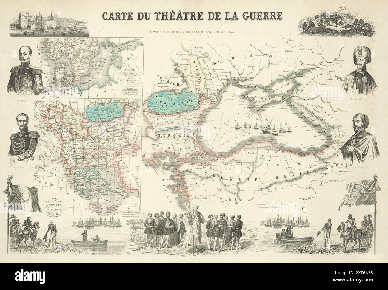 Vintage Pictorial War map. Theatre of the Crimean War, with picture ...