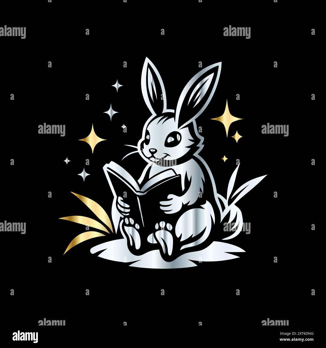 Easter bunny reading a book. Vector illustration on black background ...