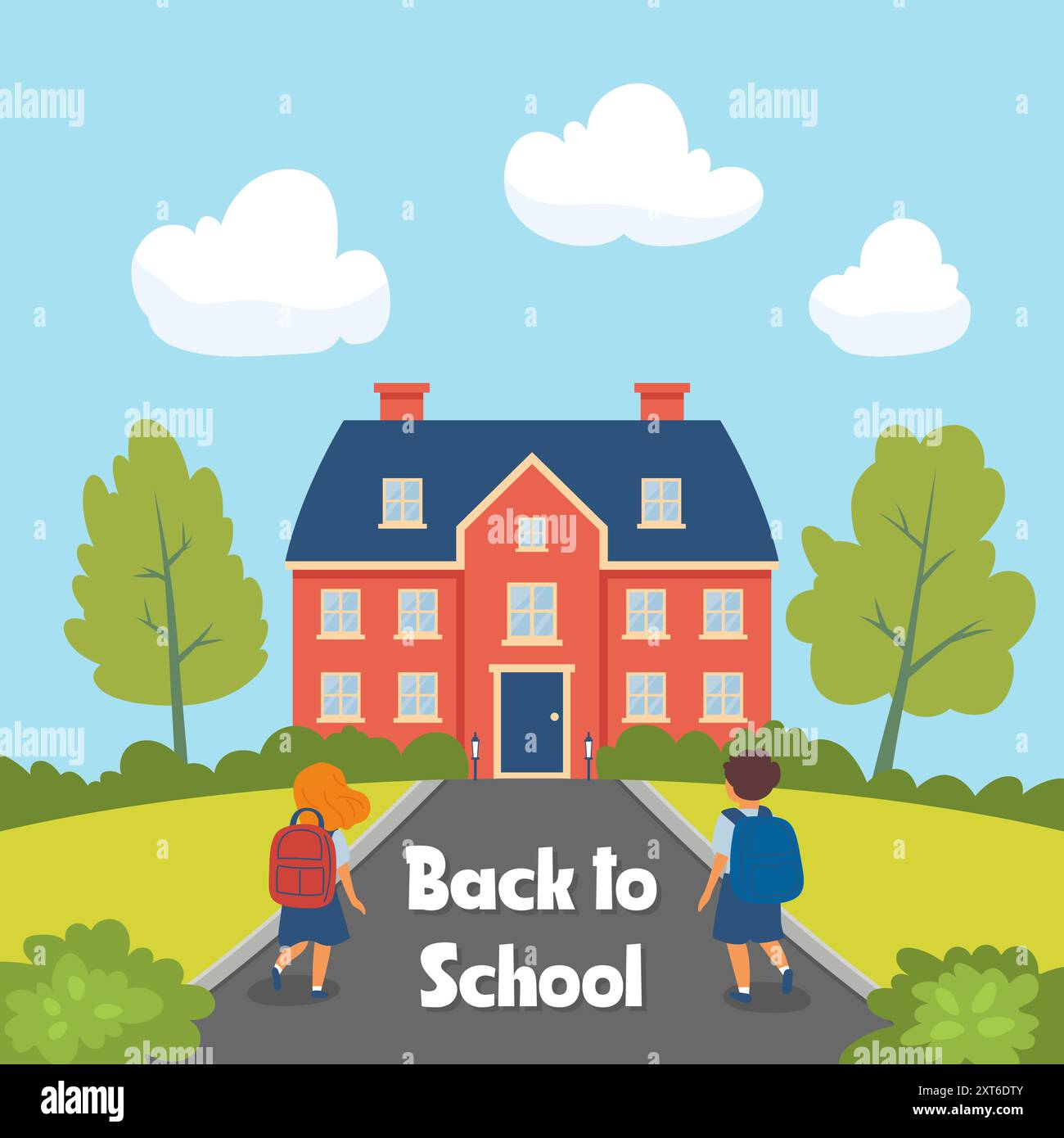 Back to School Background. Two Cartoon Kids with Backpacks Walking ...