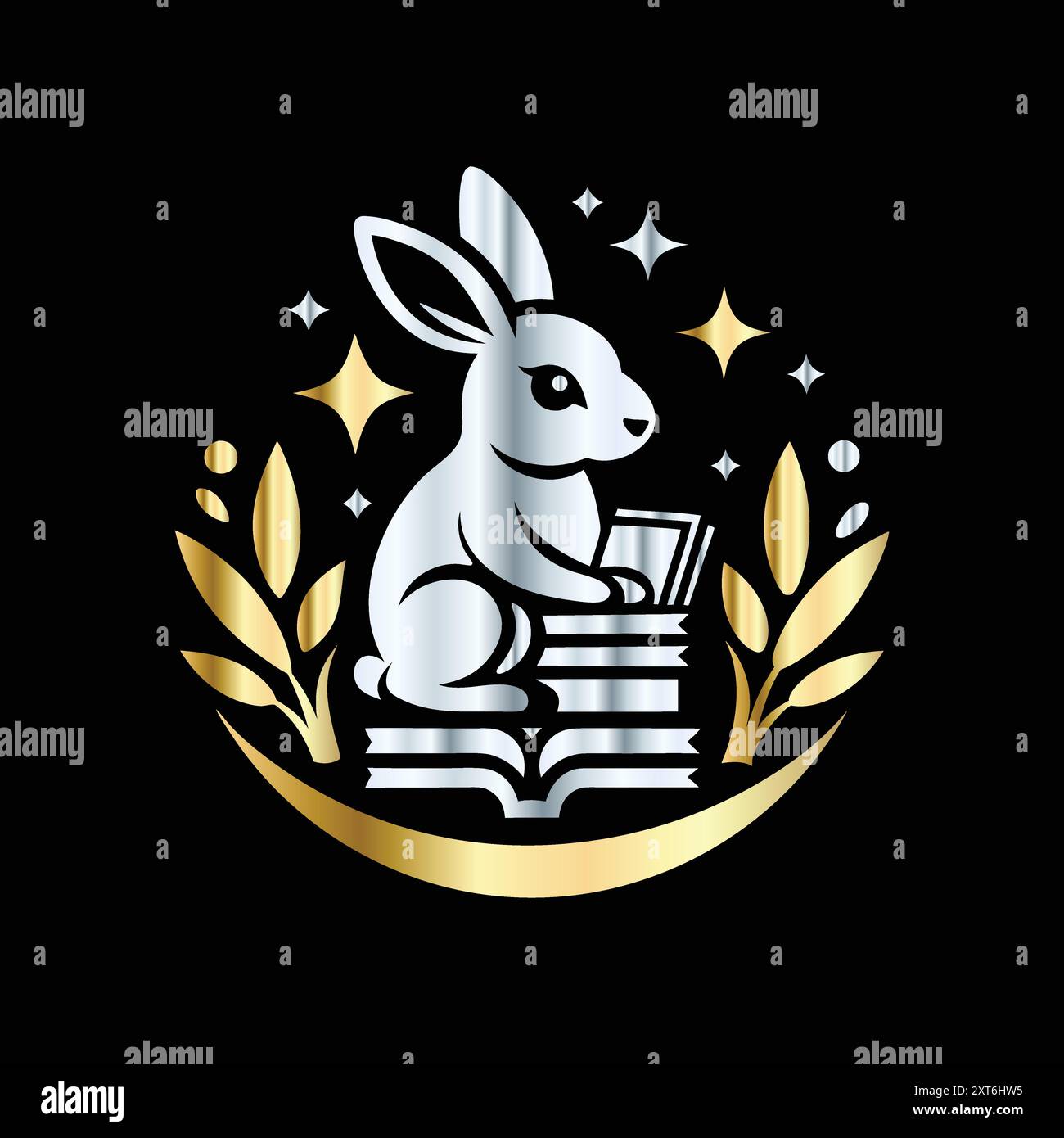 Easter bunny reading a book. Vector illustration on black background ...