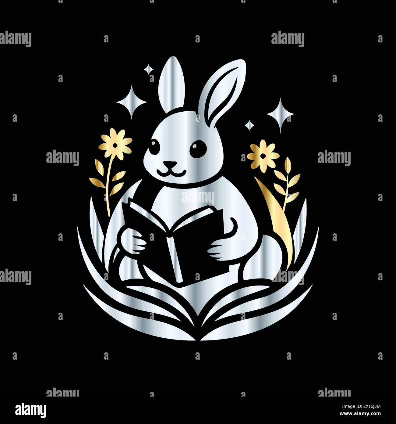 Easter bunny reading a book. Vector illustration on black background ...