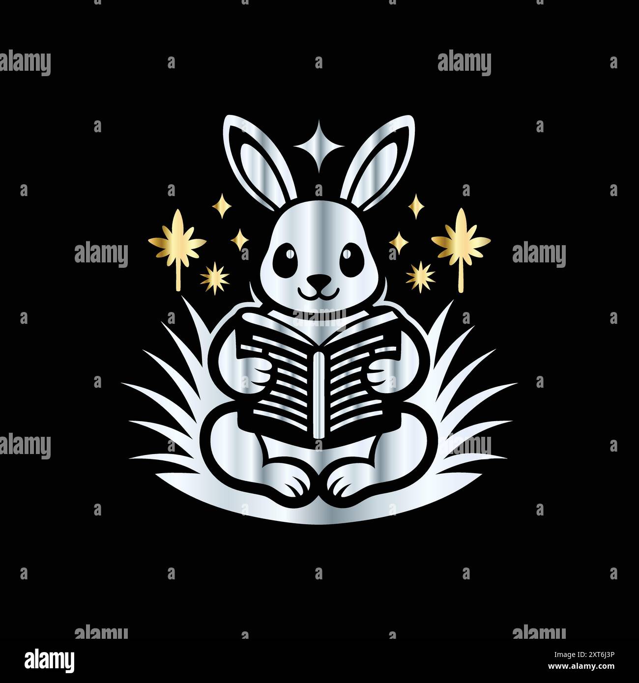 Easter bunny reading a book. Vector illustration on black background ...