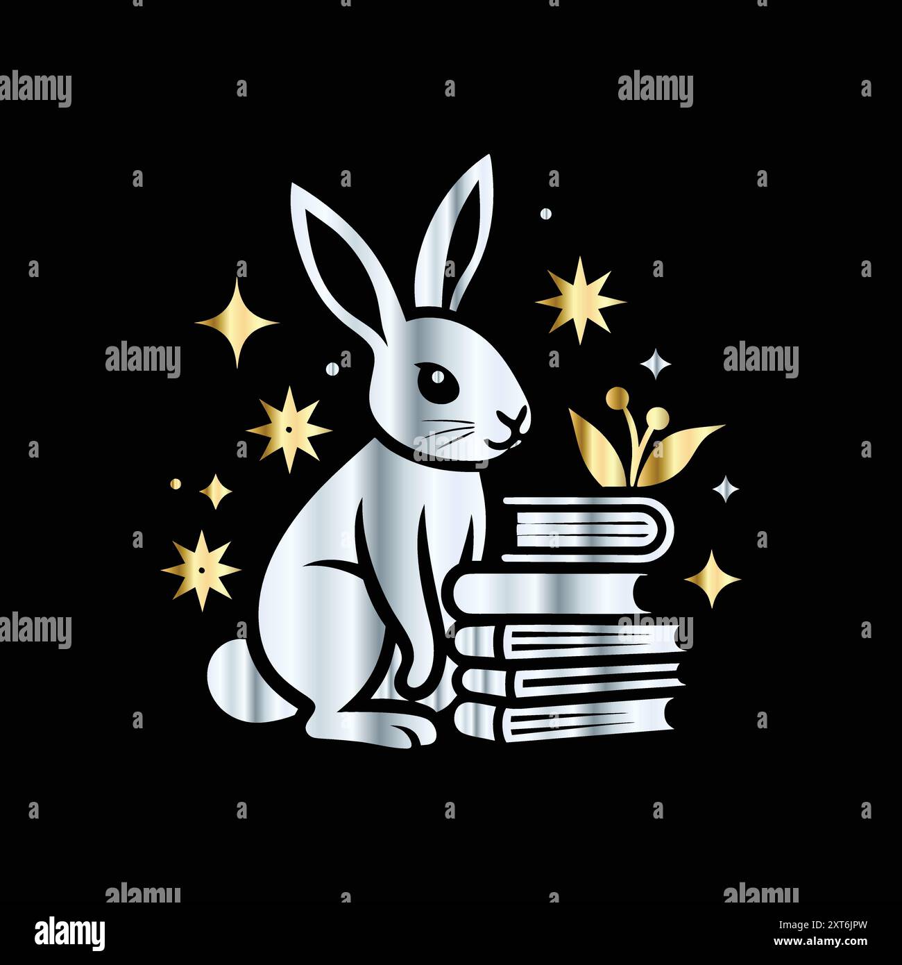 Rabbit with a stack of books. Vector illustration on black background ...