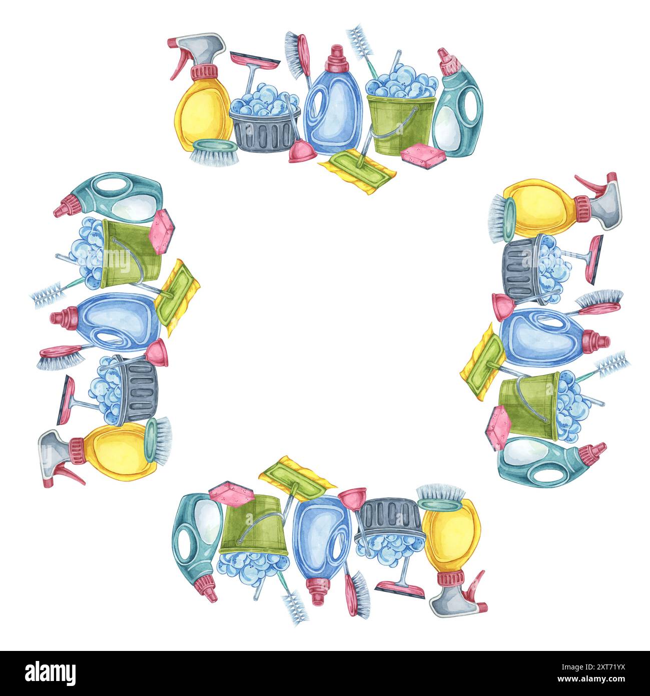 Housekeeping items such as brooms, cleaning sprays, buckets, and ...