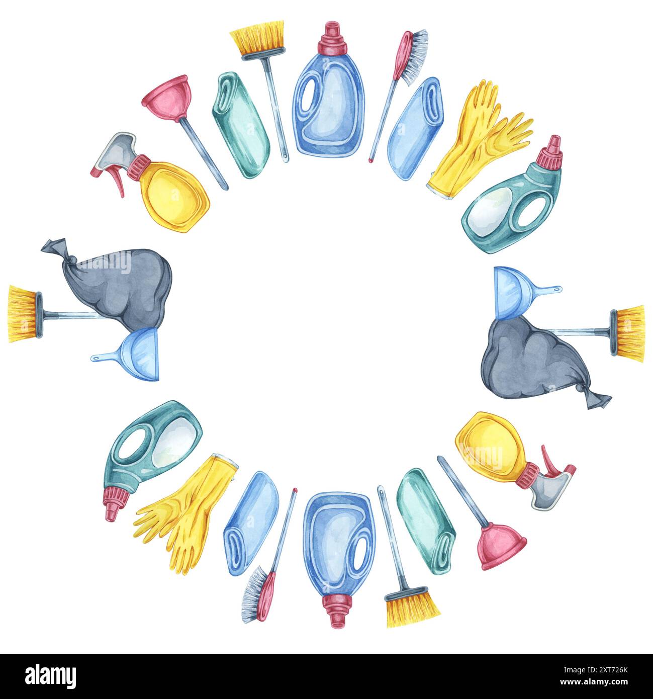 Housekeeping items such as buckets, brushes, gloves, and sprays form a ...