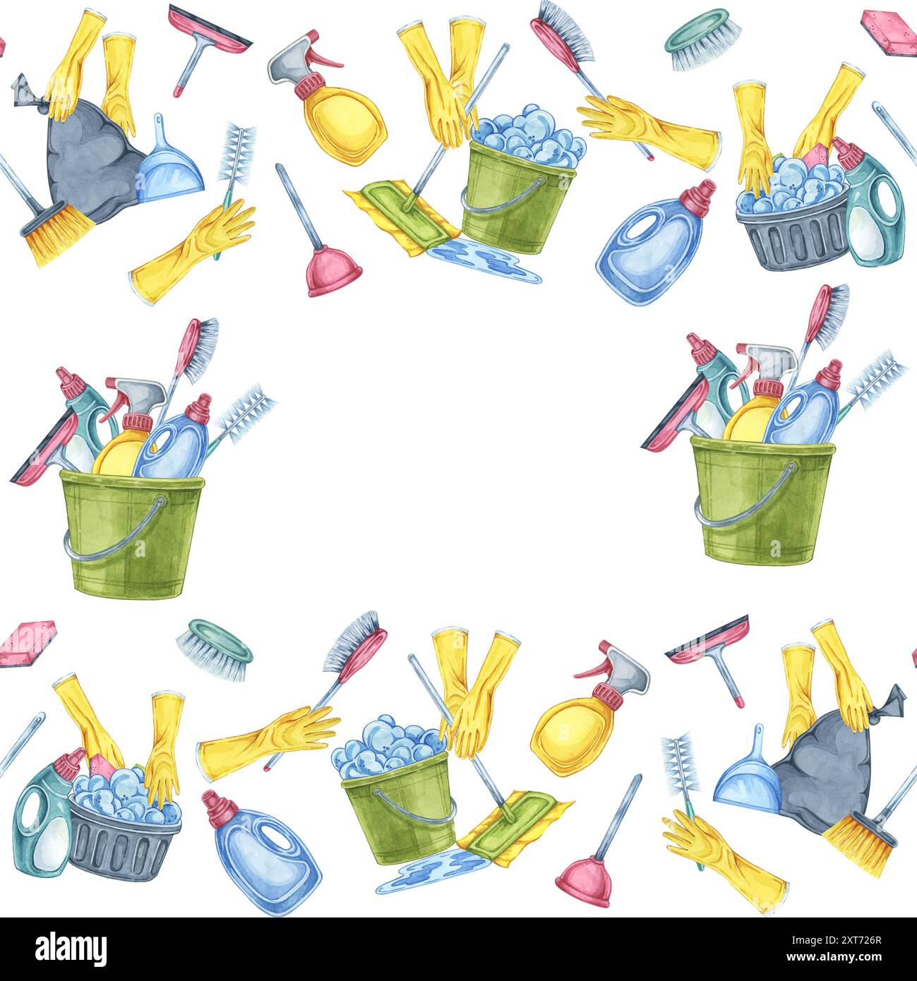 Cleaning utensils such as brooms, buckets, gloves, and sprays in a ...